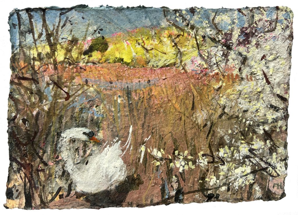 BLACKTHORN FROTH WITH SWAN. Mere materials and watercolour on cotton ...